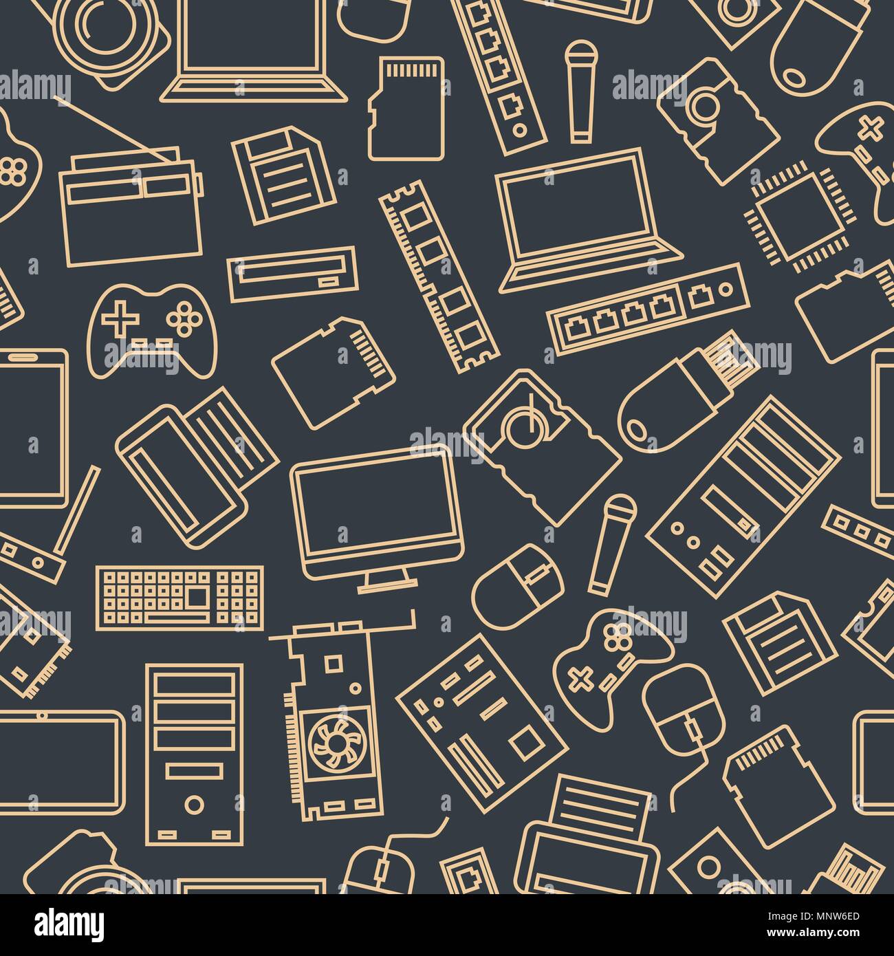 Seamless pattern from a set of computer and gadget icons of thin lines ...