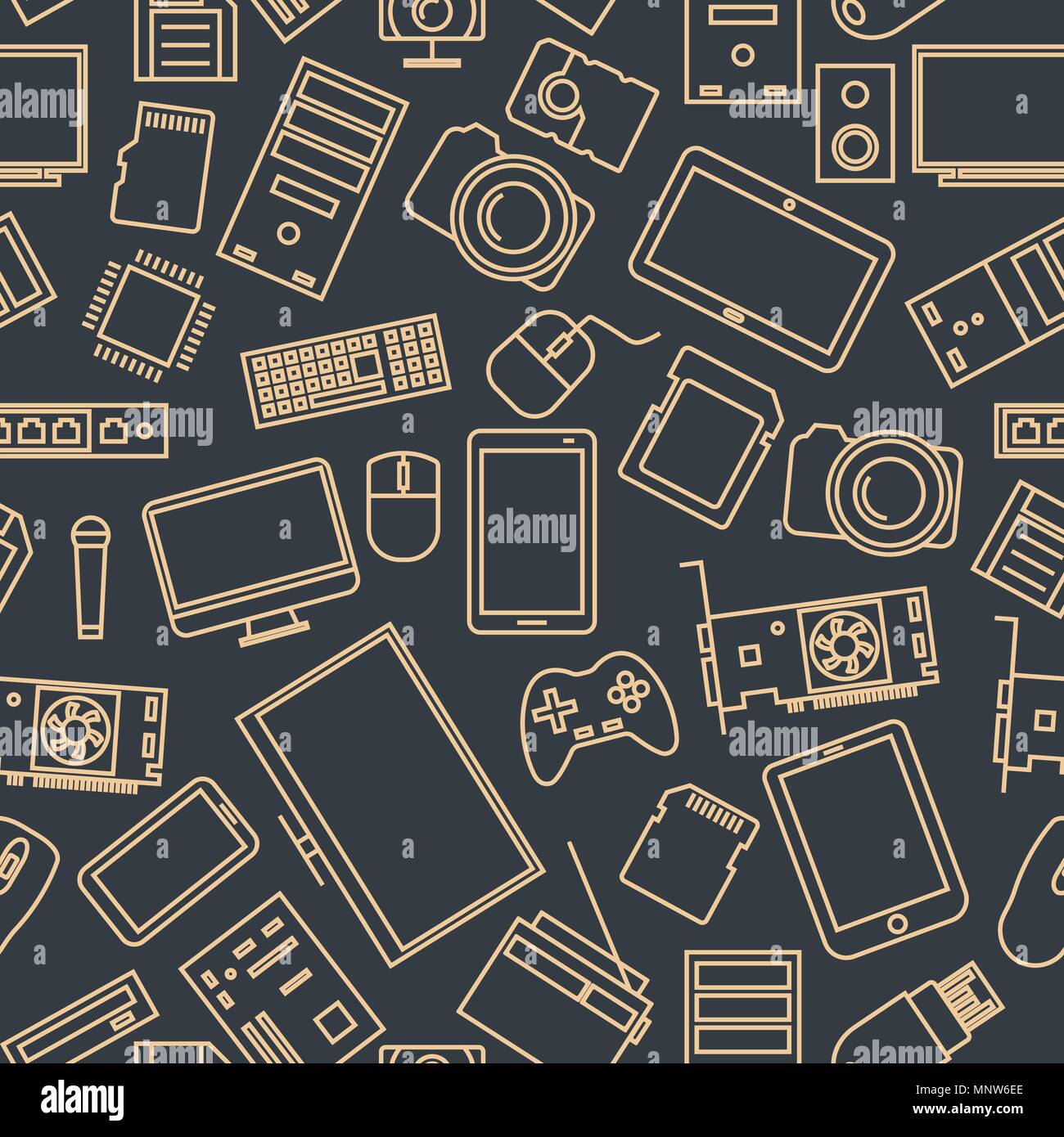 Seamless pattern from a set of computer and gadget icons of thin lines ...