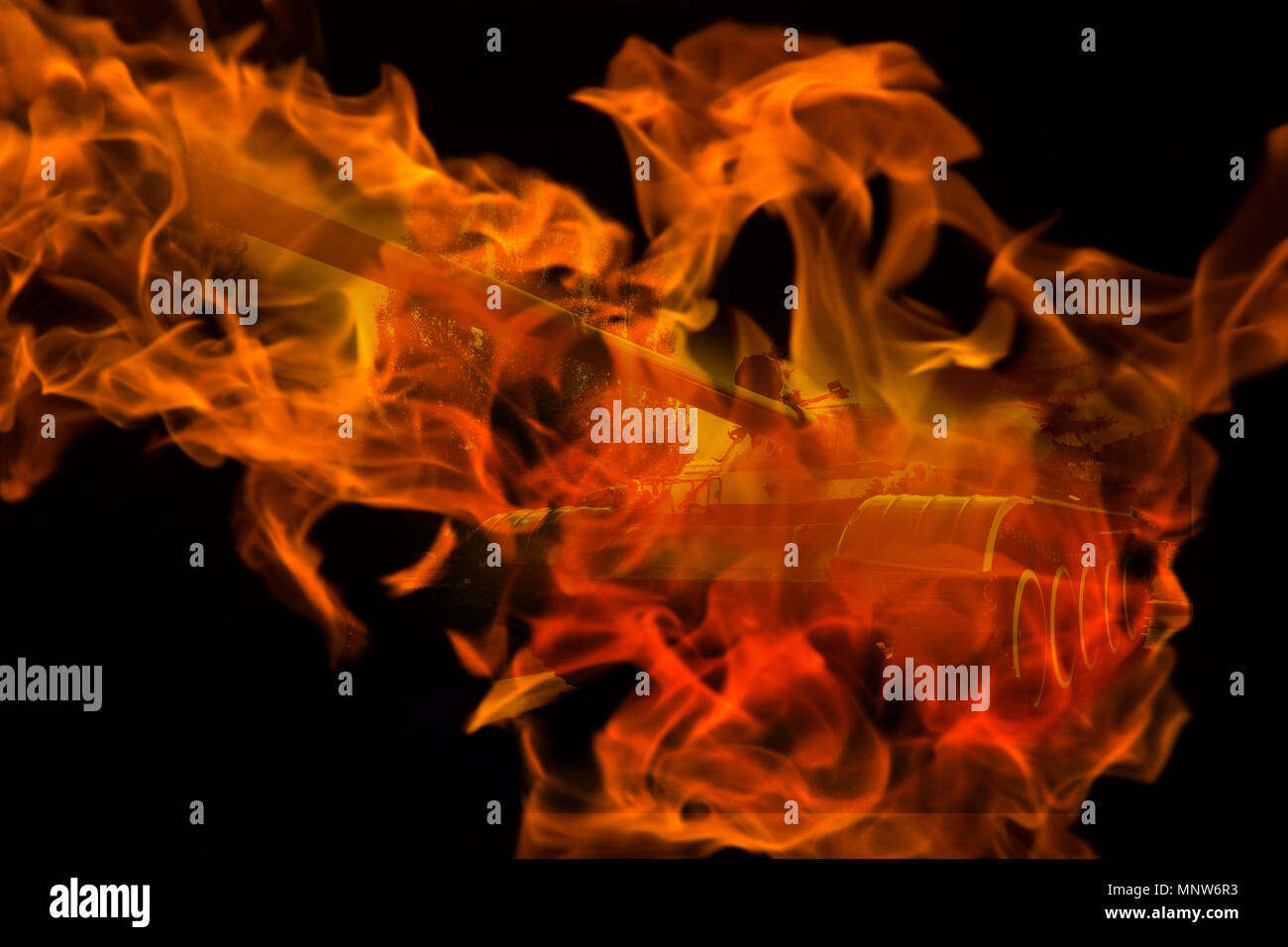 tank in the fire. war concept. double exposure Stock Photo - Alamy
