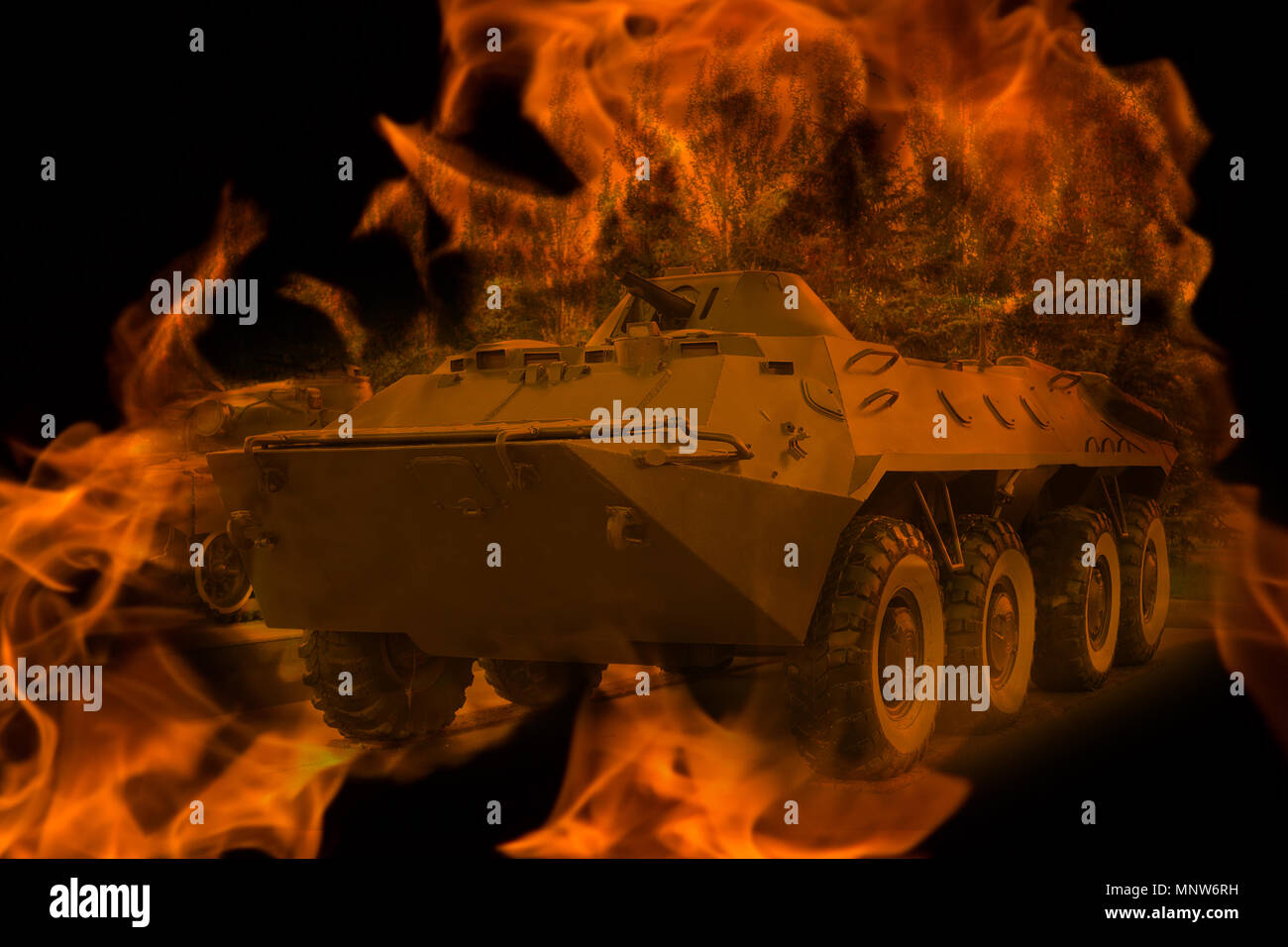 tank in the fire. war concept. double exposure Stock Photo - Alamy