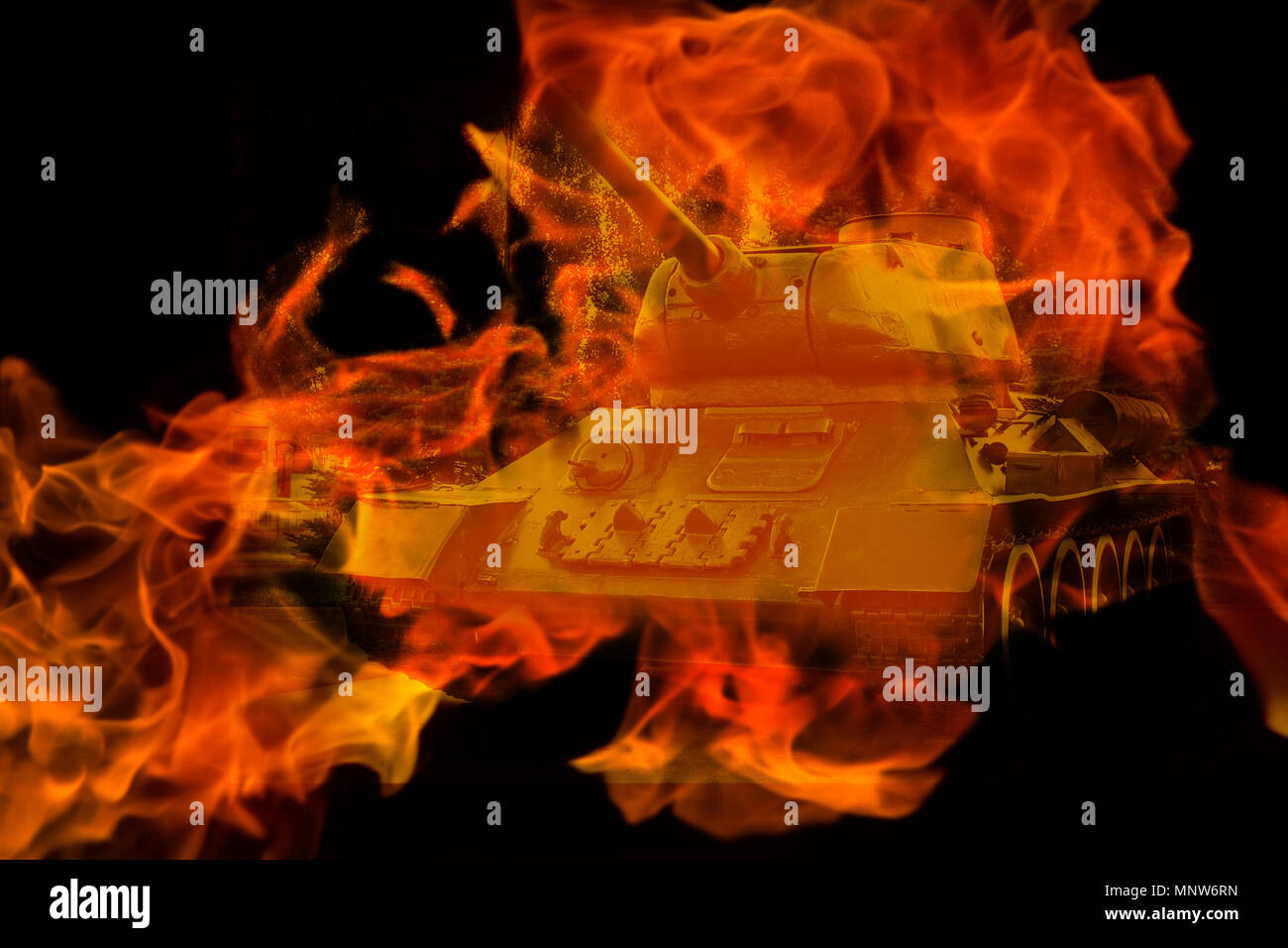 tank in the fire. war concept. double exposure Stock Photo - Alamy