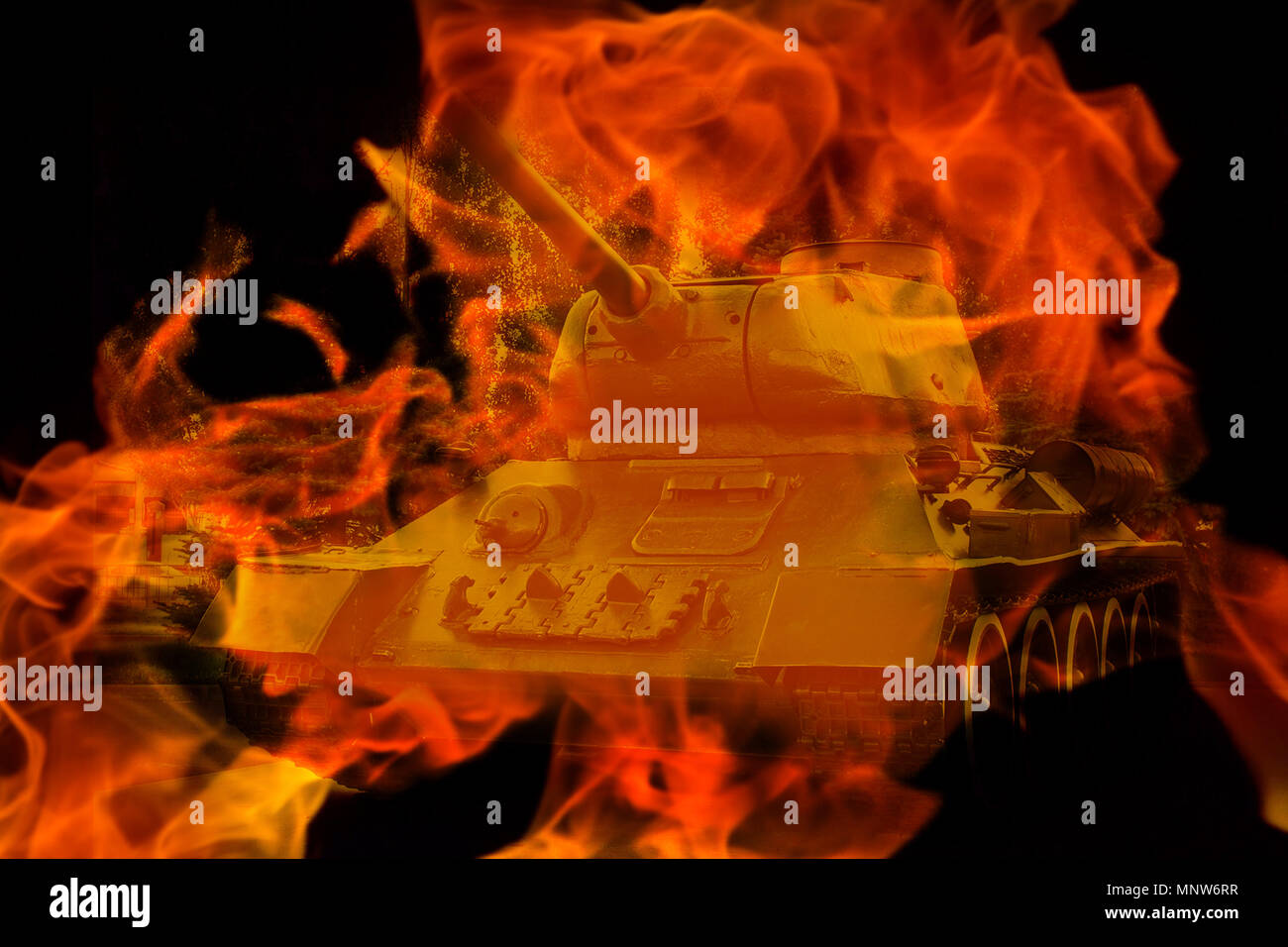 tank in the fire. war concept. double exposure Stock Photo - Alamy
