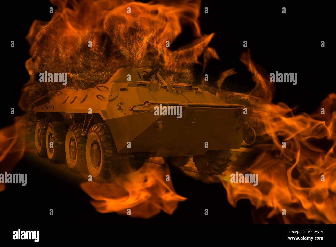 tank in the fire. war concept. double exposure Stock Photo - Alamy