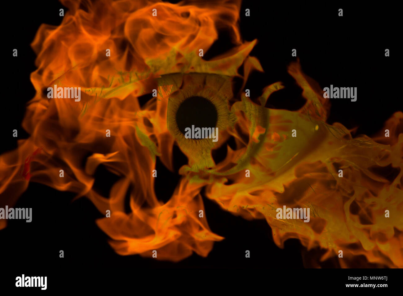 woman eye with burning fire in it. double exposure Stock Photo - Alamy
