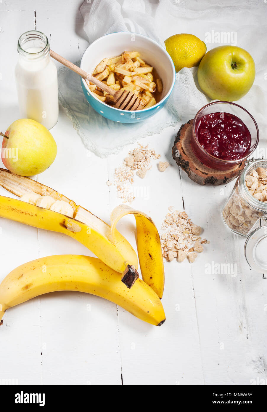 Healthy breakfast with apple, banan and croissant Stock Photo - Alamy