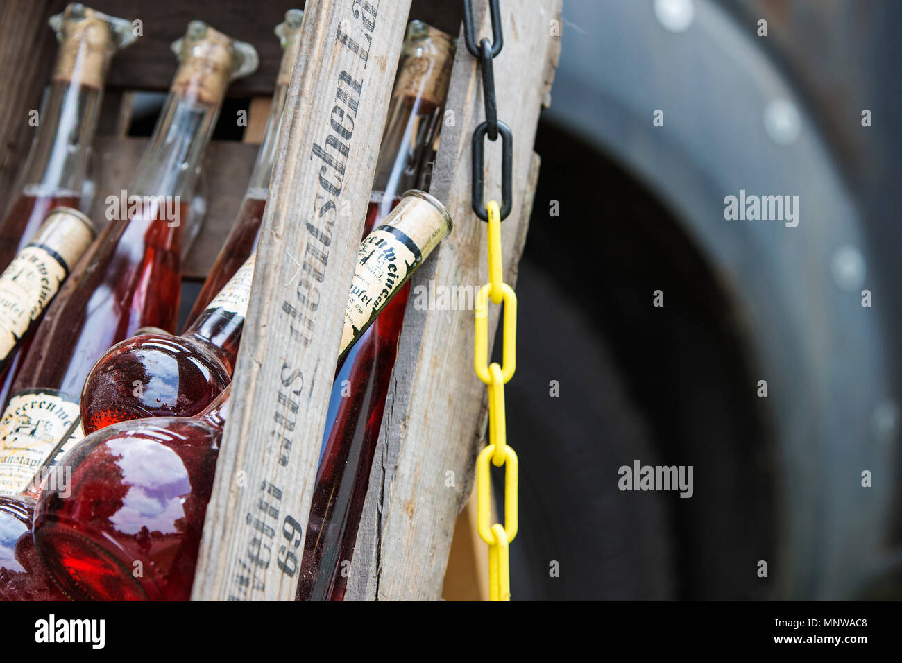 Multicolored and diverse bottles of alcohol at the street food festival ...