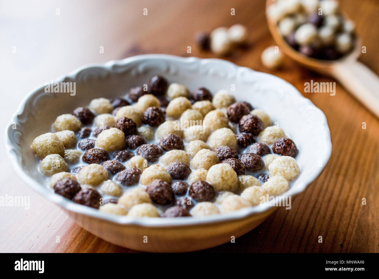 Chocolate Corn balls with milk. Breakfast Concept Stock Photo - Alamy