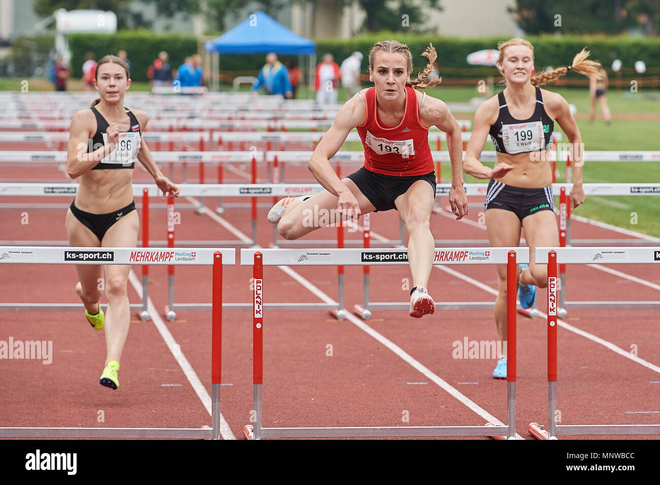 Landquart, Switzerland. May 19, 2018. 100 meters hurdles competition at ...