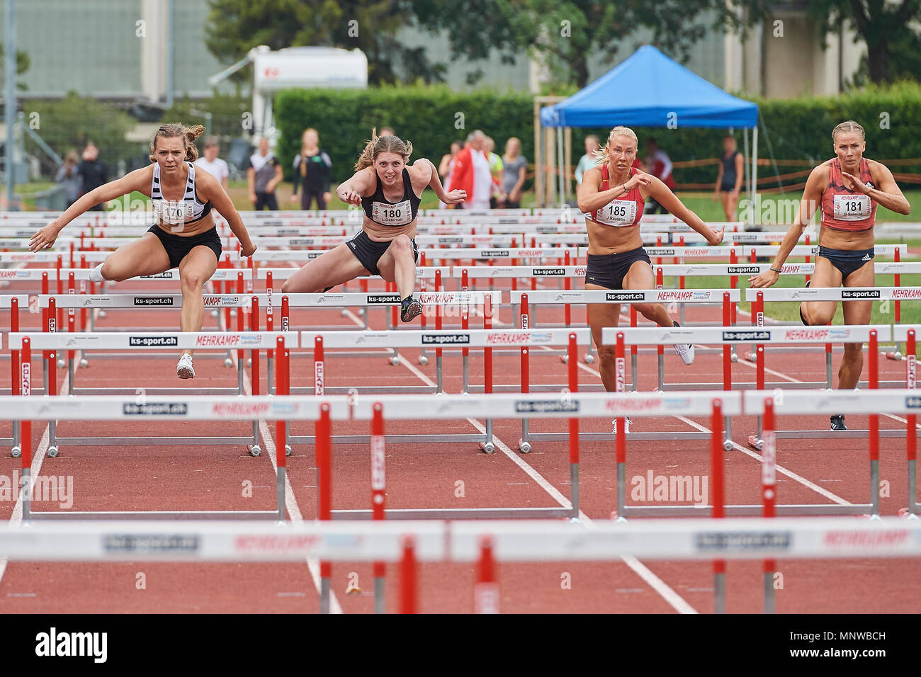 Landquart, Switzerland. May 19, 2018. 100 meters hurdles competition at ...