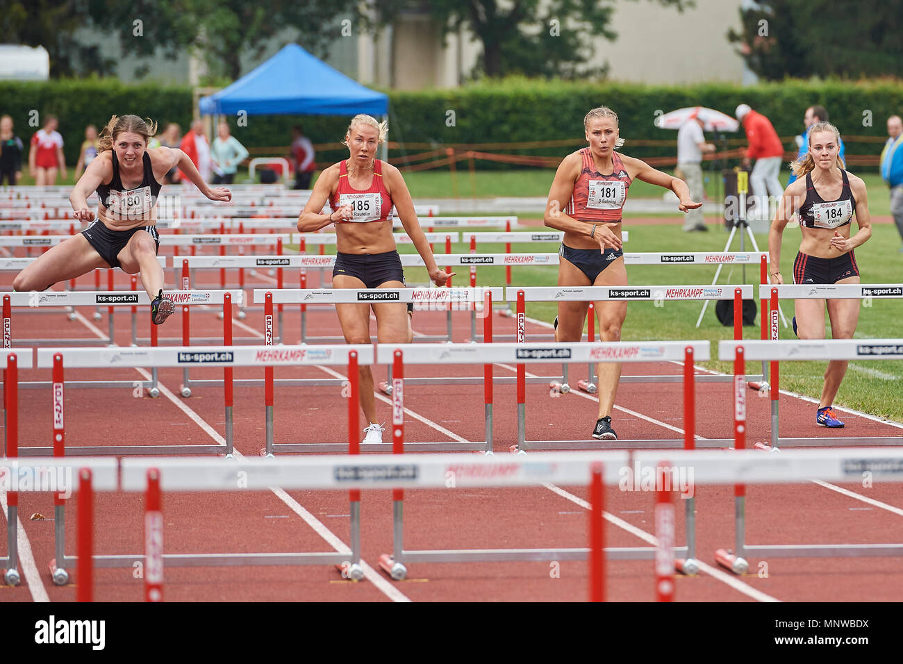Landquart, Switzerland. May 19, 2018. 100 meters hurdles competition at ...