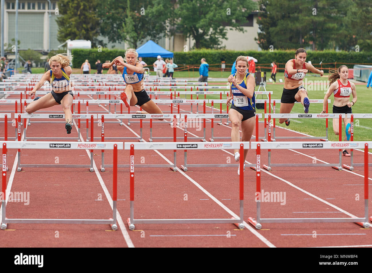 Landquart, Switzerland. May 19, 2018. 100 meters hurdles competition at ...