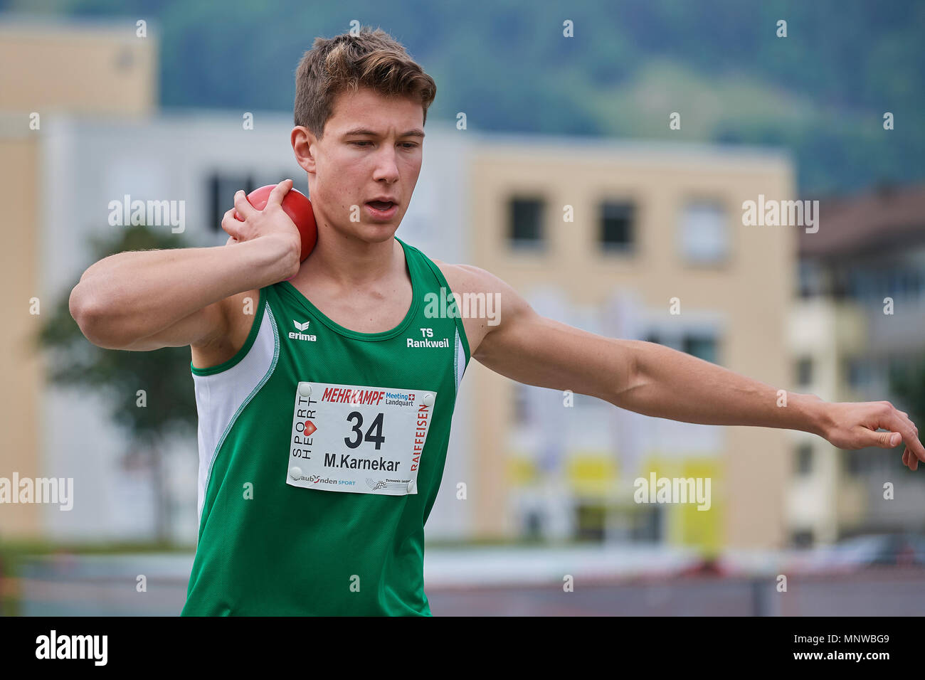 Landquart, Switzerland. May 19, 2018. Marco Karnekar during the shot ...