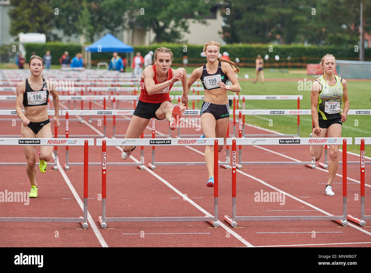 Landquart, Switzerland. May 19, 2018. 100 meters hurdles competition at ...