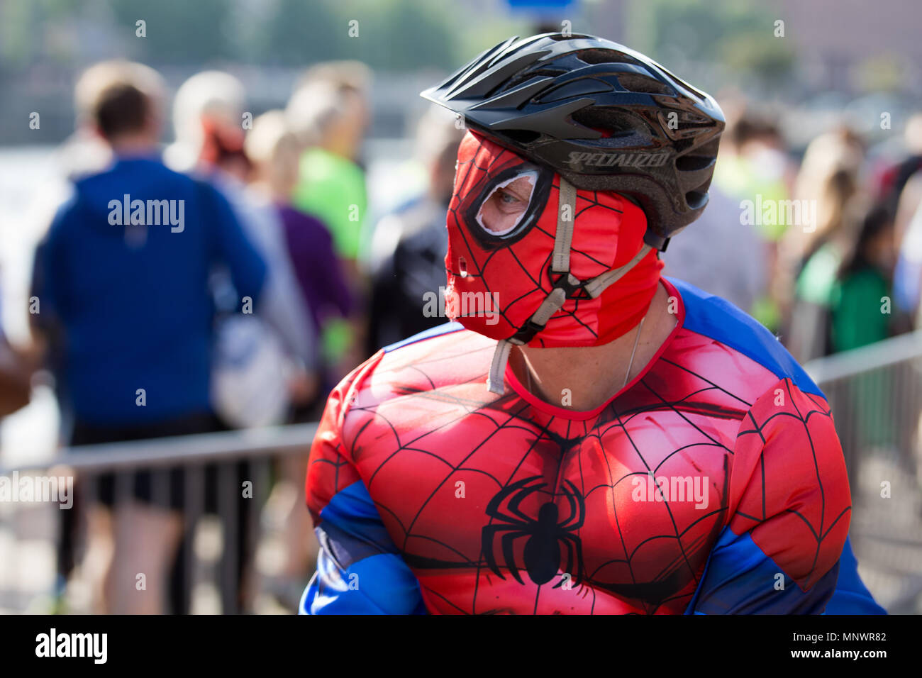 Liverpool, UK. 20th May, 2018. Official cyclists in spiderman costumes ...