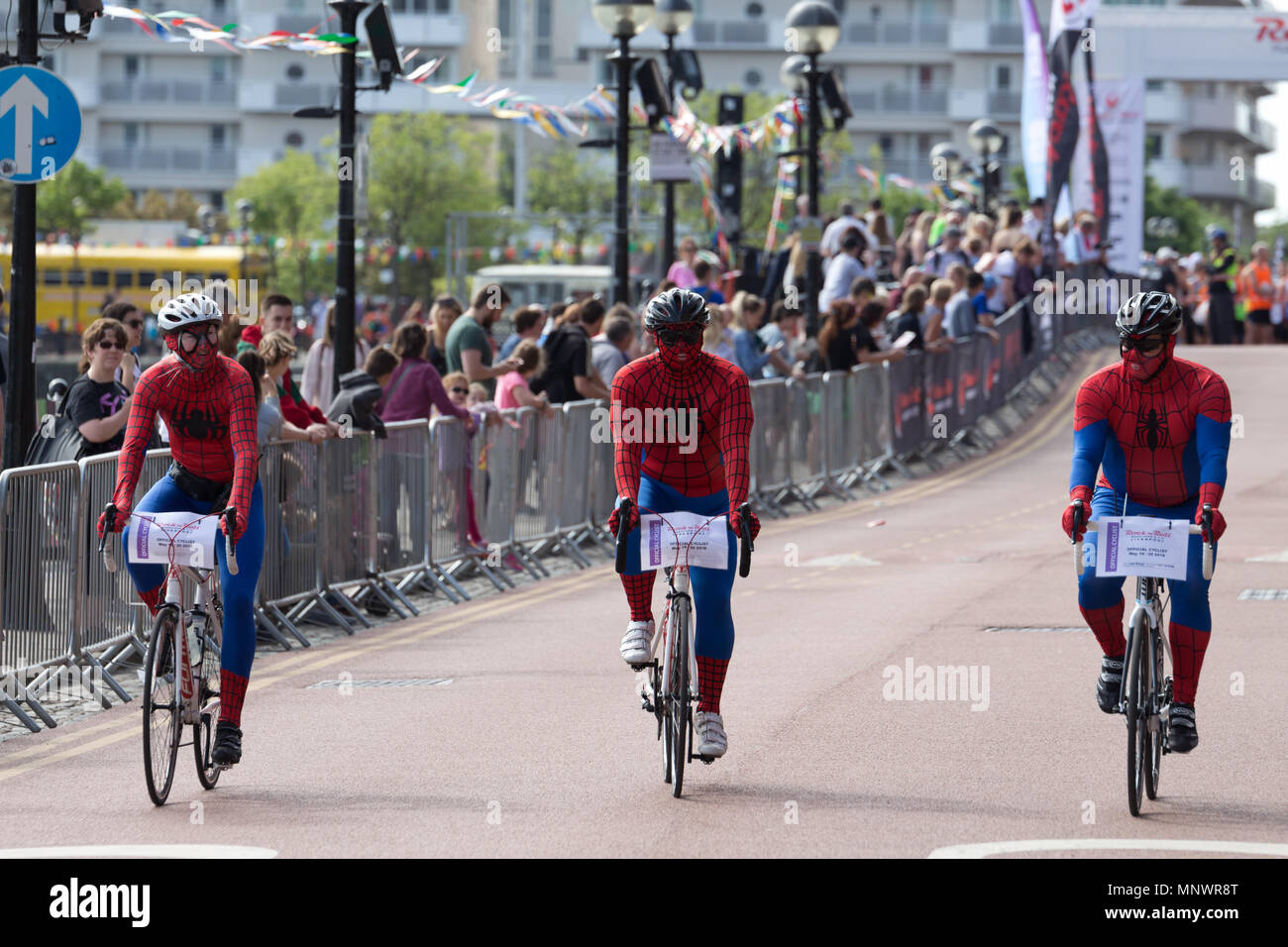 Liverpool, UK. 20th May, 2018. Official cyclists in spiderman costumes ...