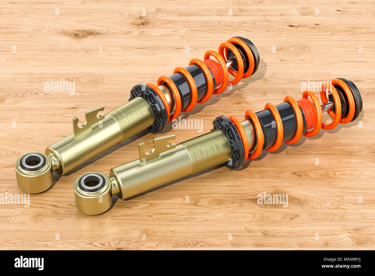 set of front shock absorbers on the wooden table, 3D rendering Stock ...
