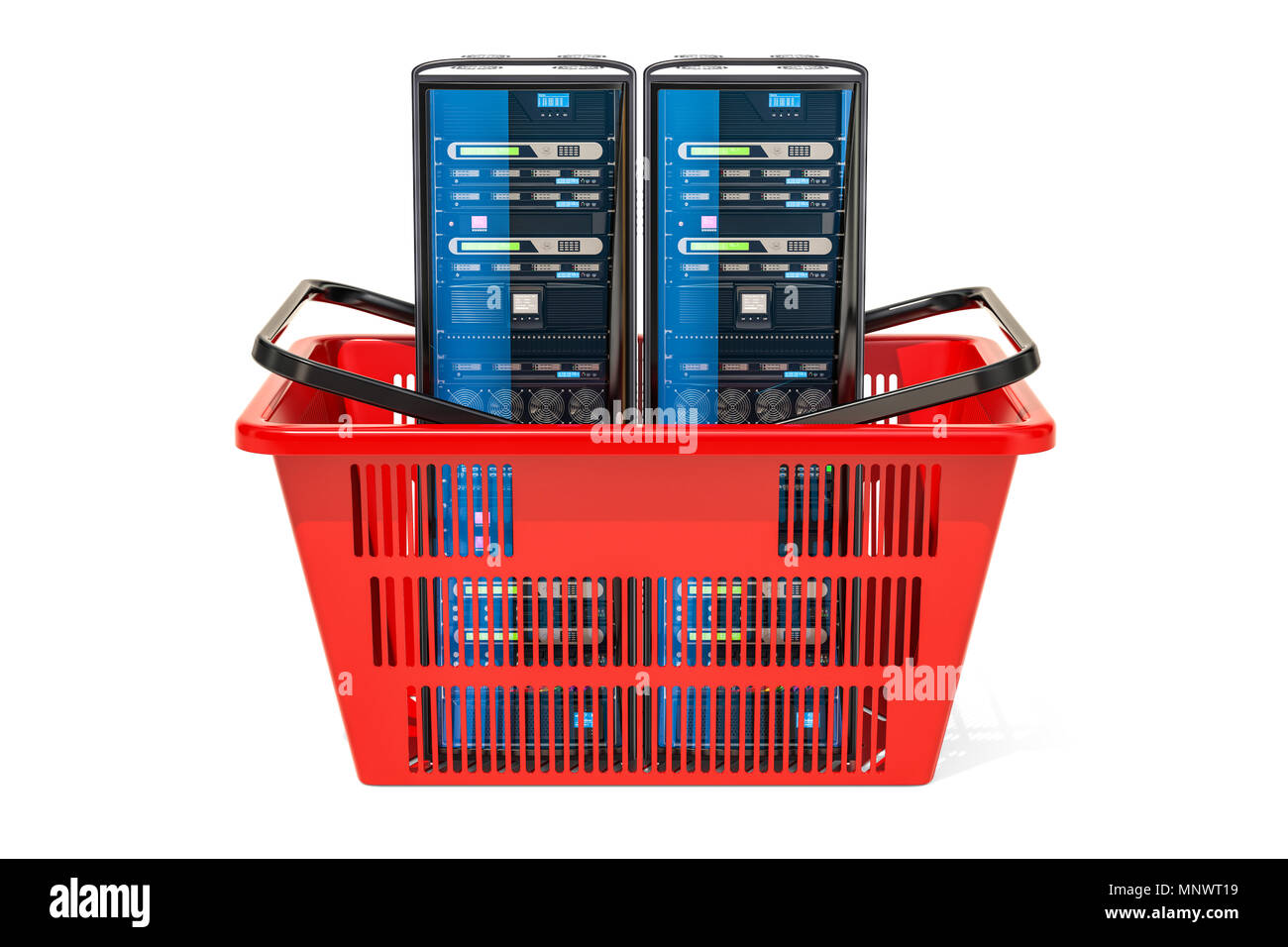 Shopping basket with computer server racks, 3D rendering isolated on ...