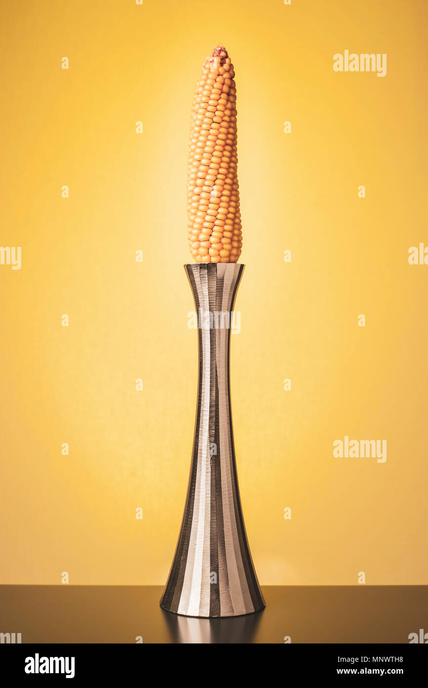 yellow ripe corn cob stands like a candle on a steel candlestick Stock ...