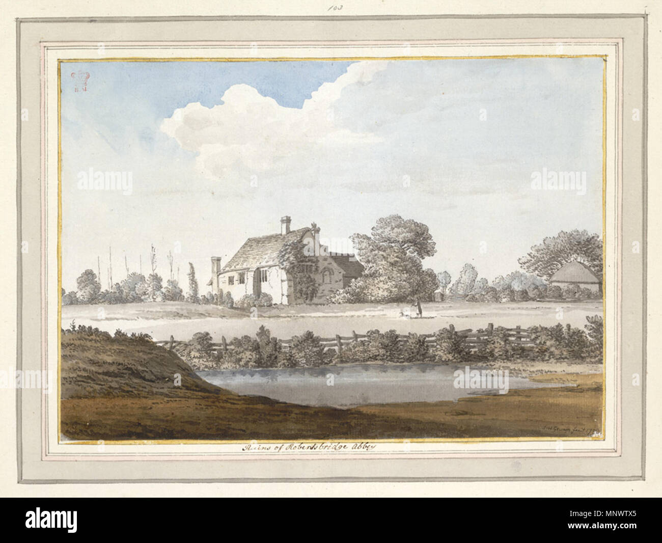 English: Robertsbridge Abbey f. 57 (no. 103) . View of Robertsbridge ...