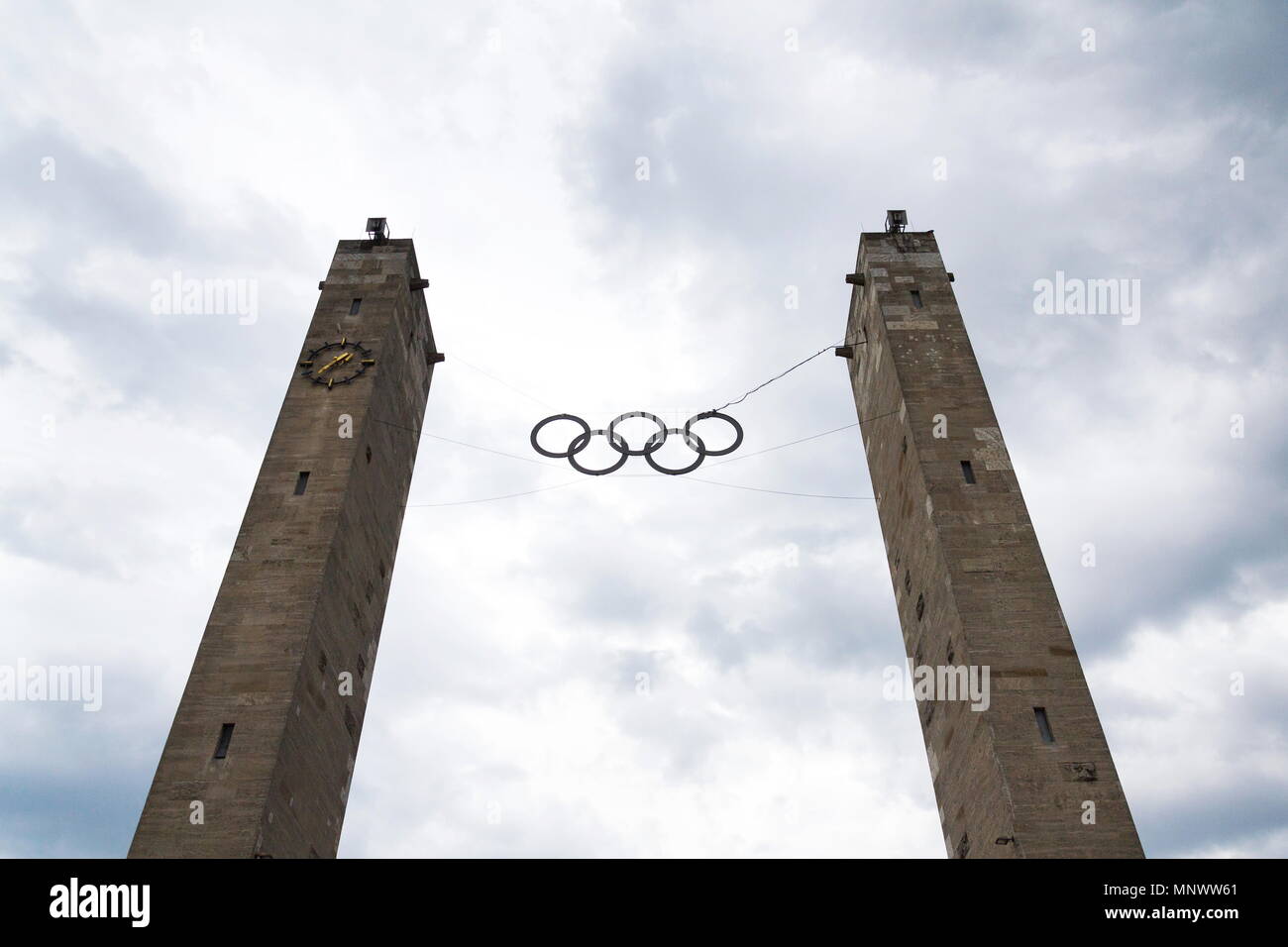 Olympic rings symbol hanging over Olympic stadium in Berlin, Germany ...