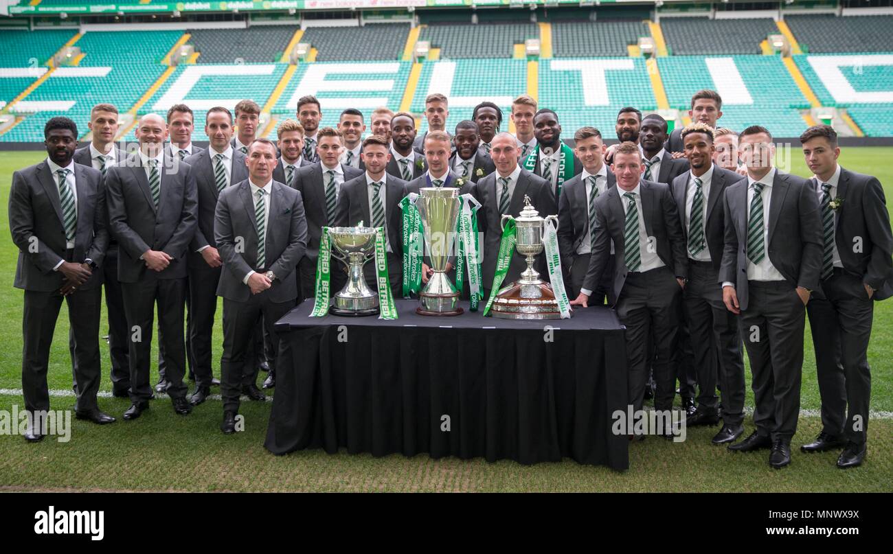 Celtic pose with the three trophies after the parade at Celtic Park ...