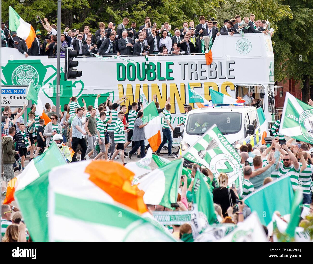 The Celtic team bus during the parade at Celtic Park, Glasgow Stock ...