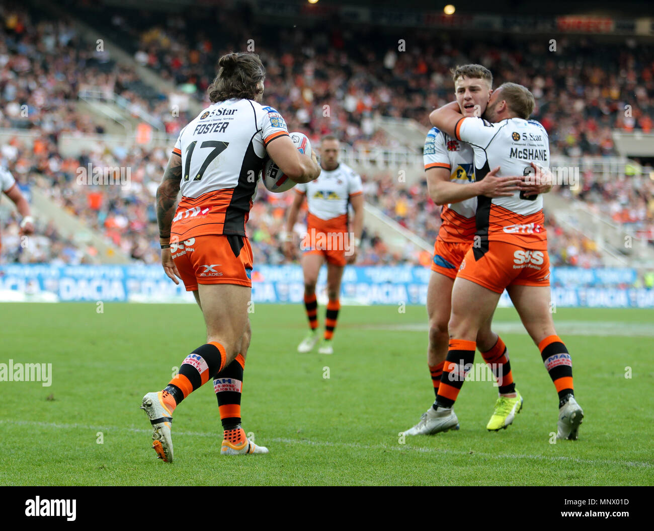 Castleford Tigers' Alex Foster celebrates with Jake Trumeman and Paul ...