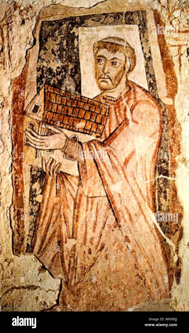 . English: Image of St. Benet (Benedict) Biscop carrying St. Peter's ...