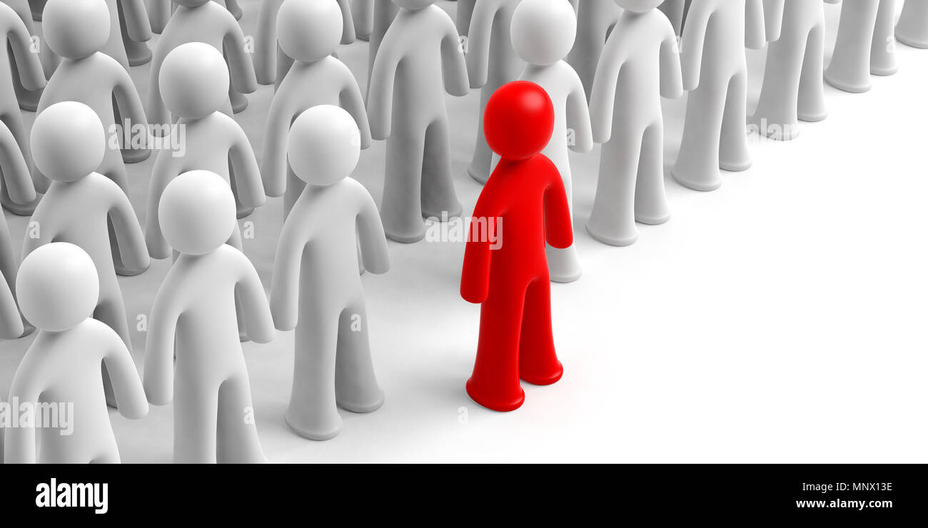 Leader or distinction concept. Crowd of white human figures, one red ...