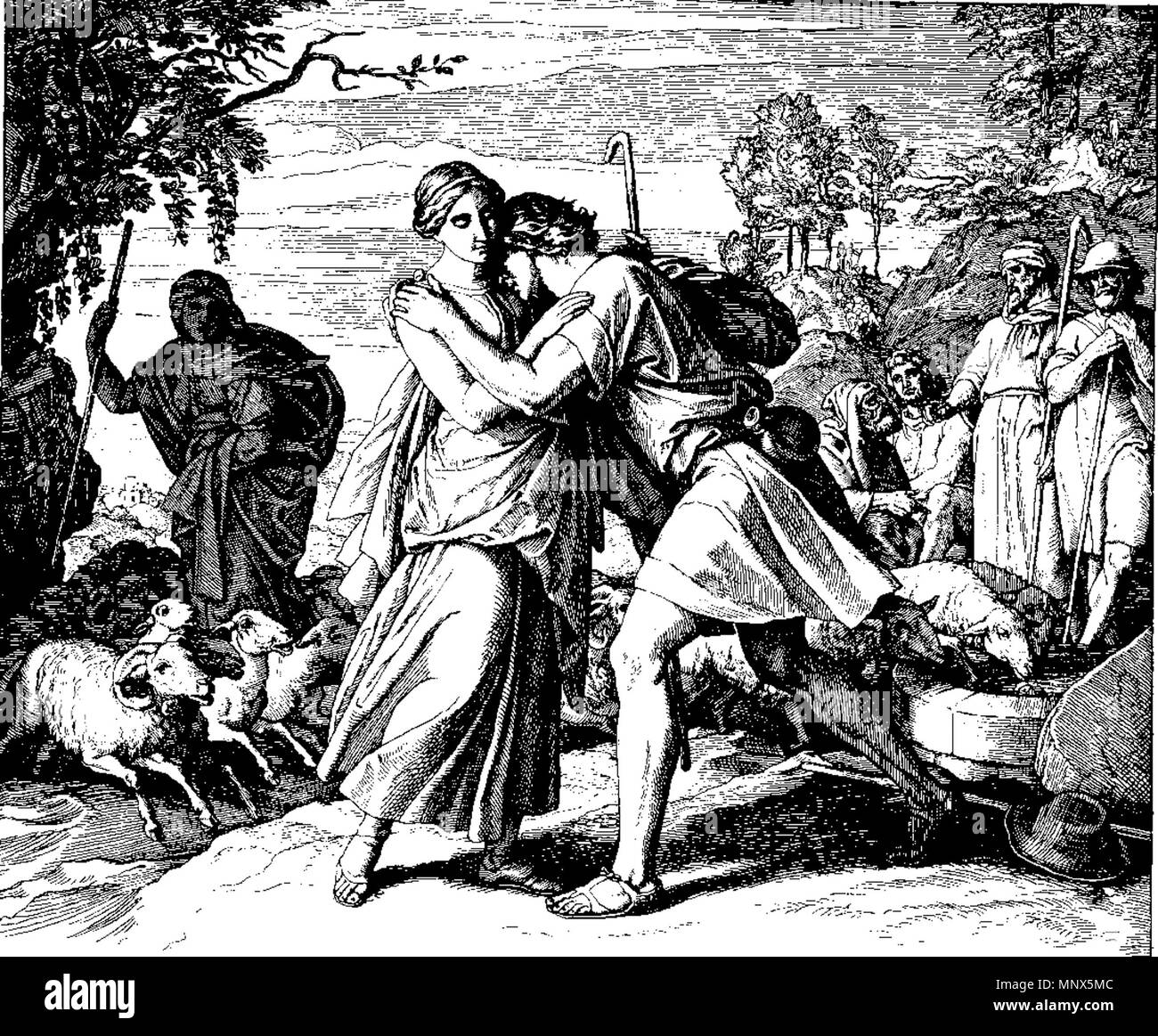. English: 'Jacob meets Rachel daughter of Laban his uncle' (Genesis 29 ...