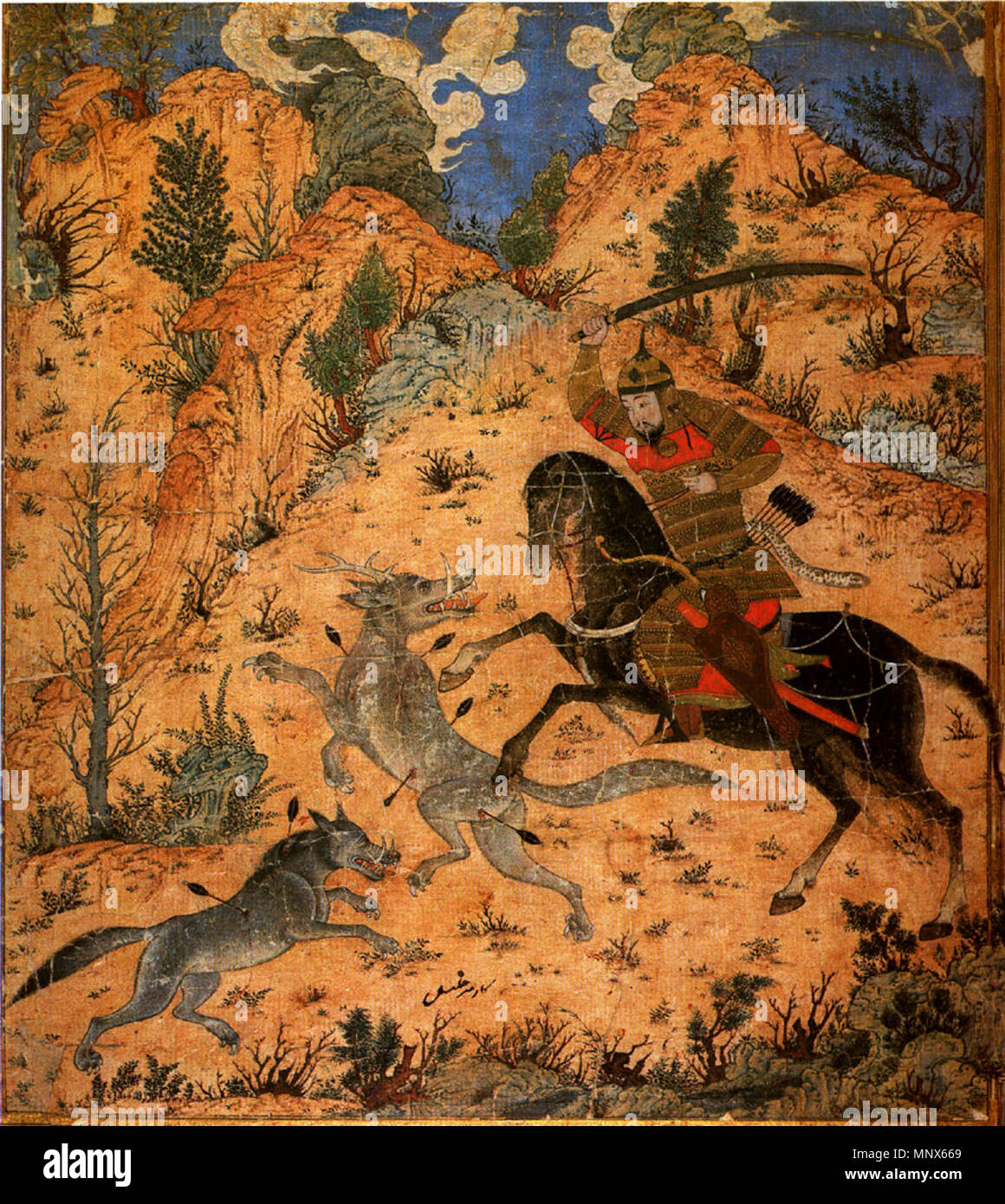 . English: Isfandiyar fights with the Wolves Shah-nama. From the Sarai ...