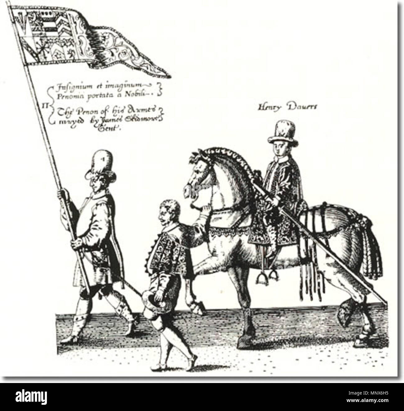 . English: Sir James Scudamore carrying the pennant of Sir Philip ...