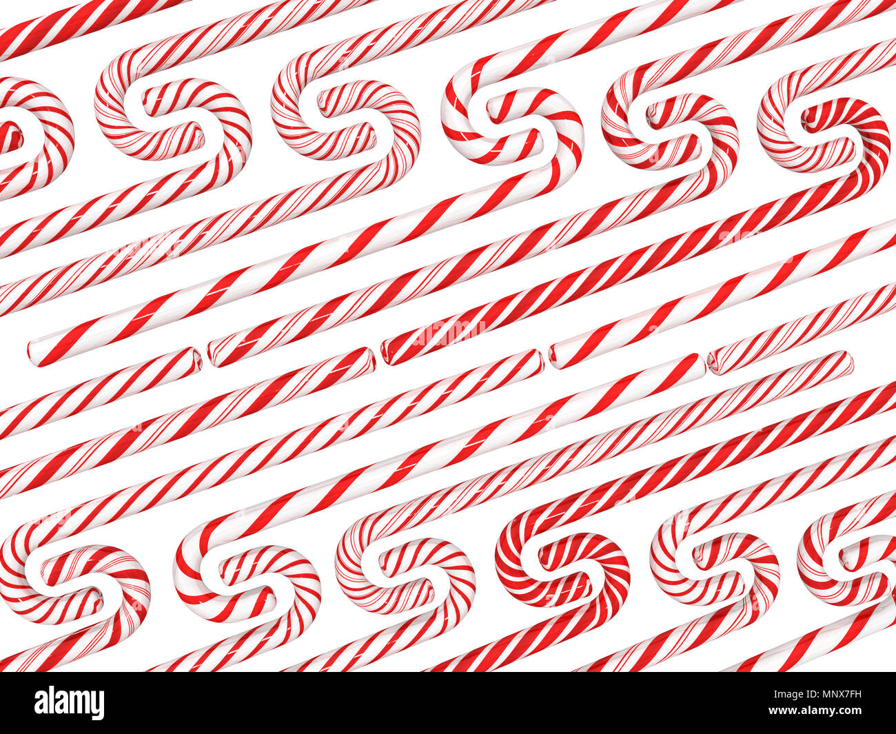 Candy canes striped red in rows, 3d illustration, horizontal, isolated ...