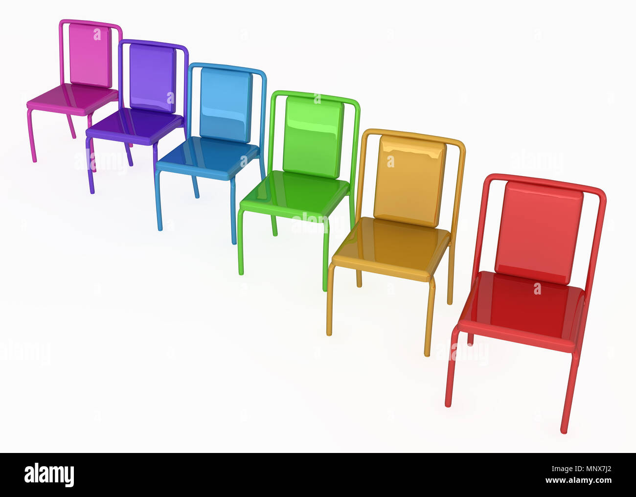 Chairs color objects group, horizontal, 3d illustration, over white ...