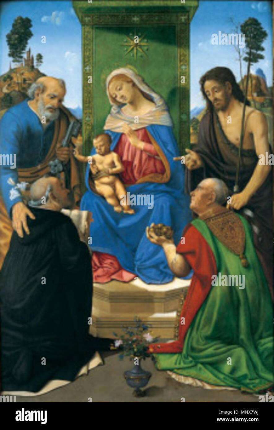 English: Madonna and Child Enthroned with Sts. Peter, John the Baptist, Dominic, and Nicholas of ...