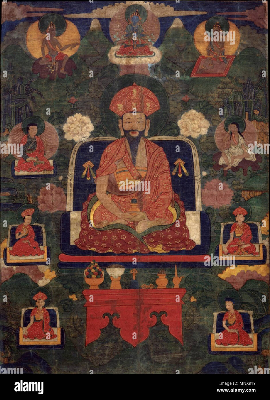 . Center: Shabdrung Ngagwang Namgya. Above: primordial Buddha ...