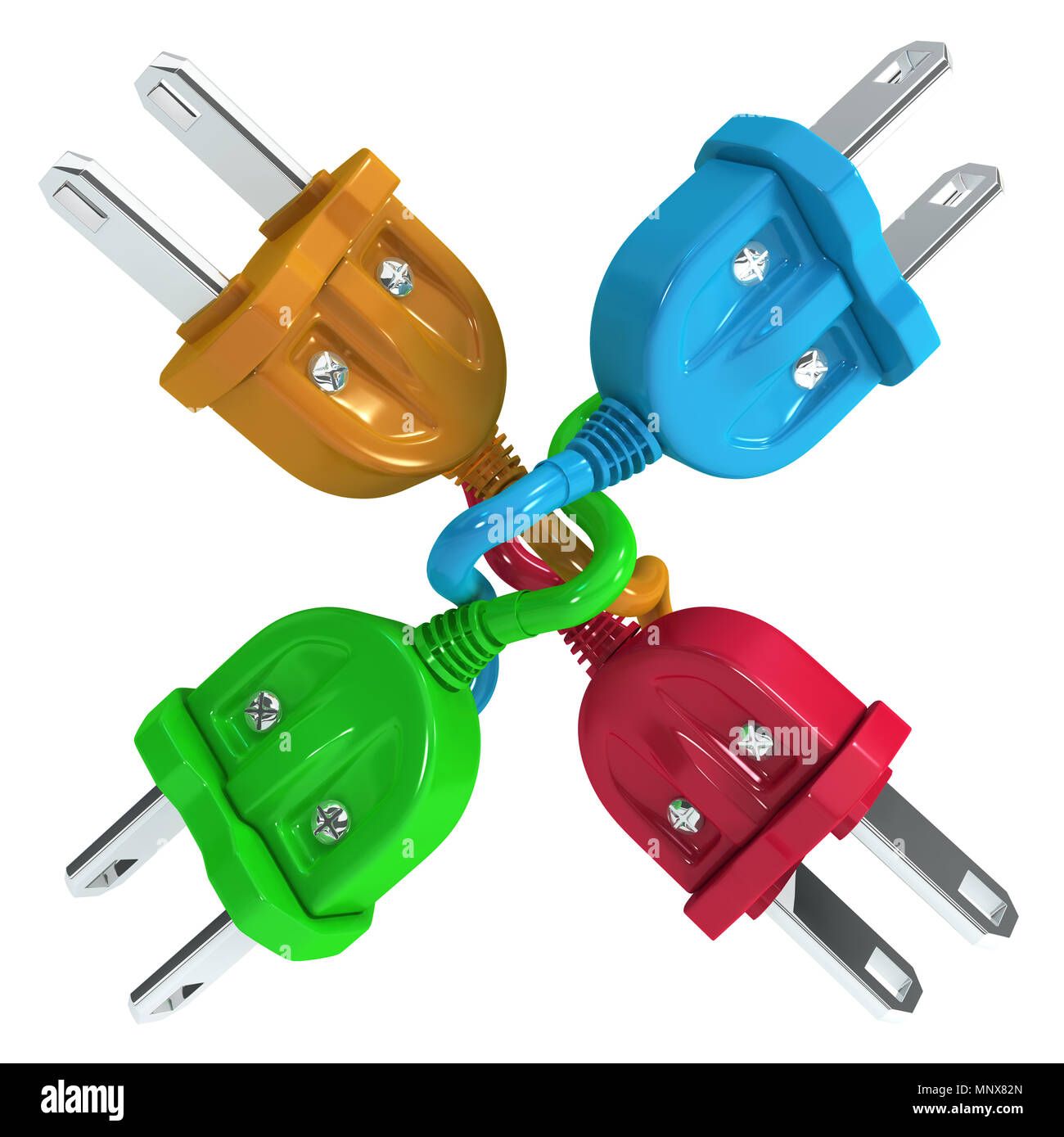 Electric power cable plugs flat crossed four short colors, 3d ...