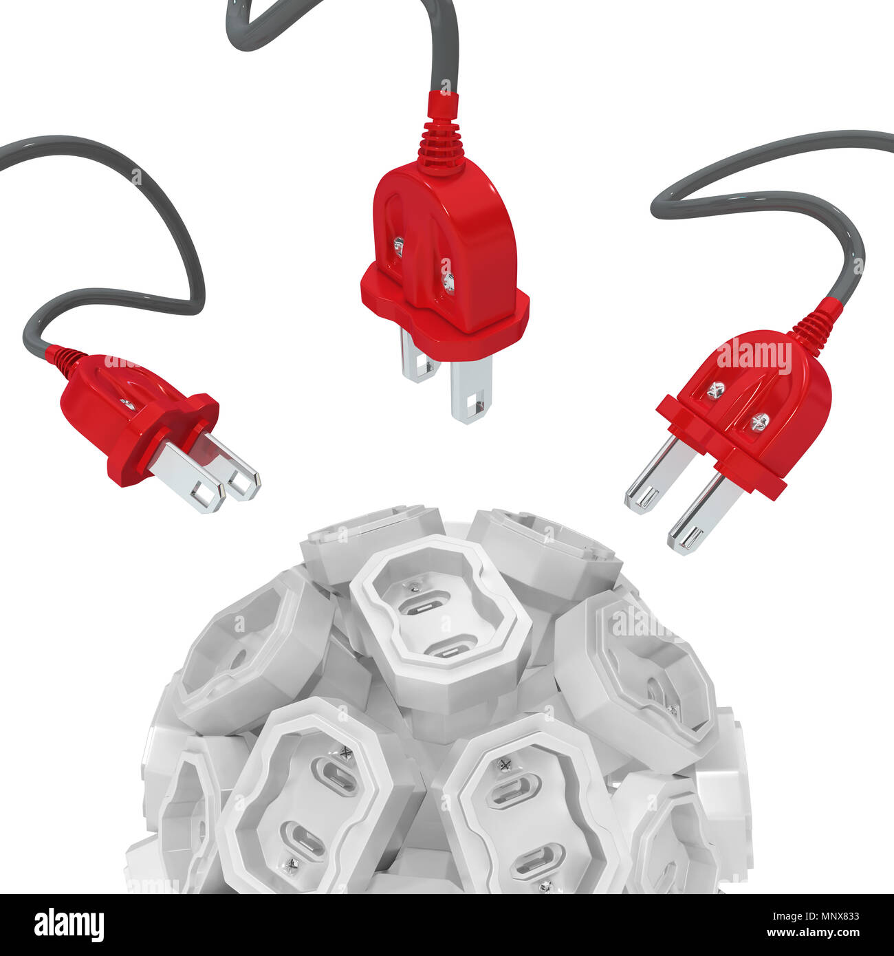 Electric power cable plugs flat red sockets sphere, 3d illustration ...