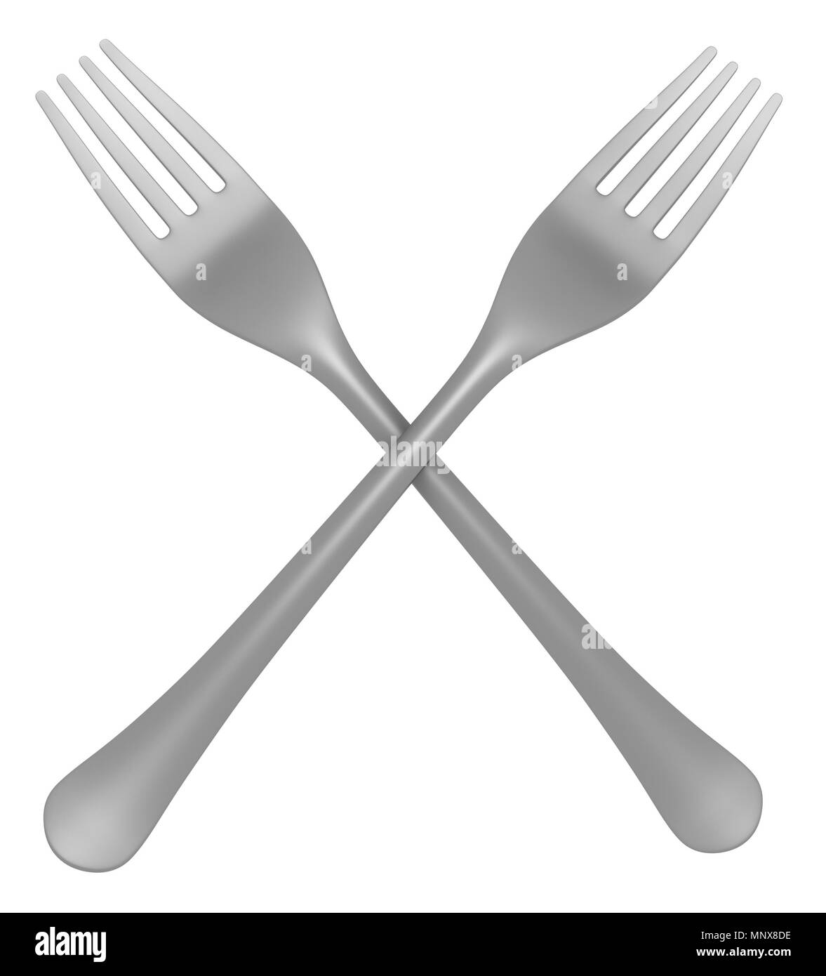 Crossed forks metal 3d illustration, isolated, horizontal, over white ...