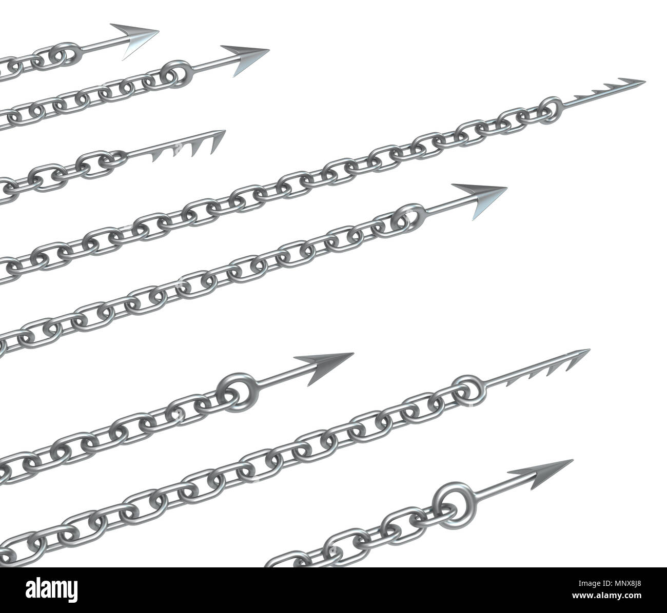 Metal chain arrow harpoons, isolated, 3d illustration, horizontal, over ...