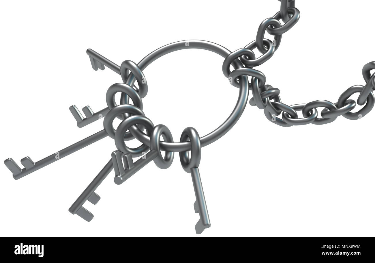 Metal key ring chained, 3d illustration, horizontal, over white ...