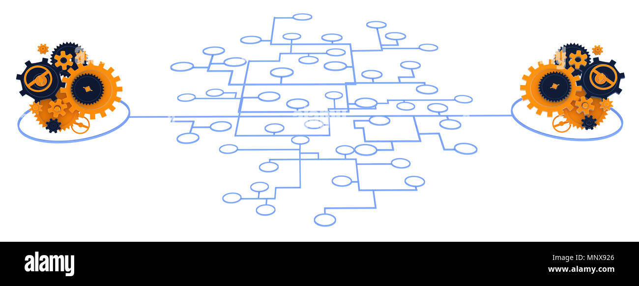 Gears linked by line network, 3d illustration, isolated, horizontal ...