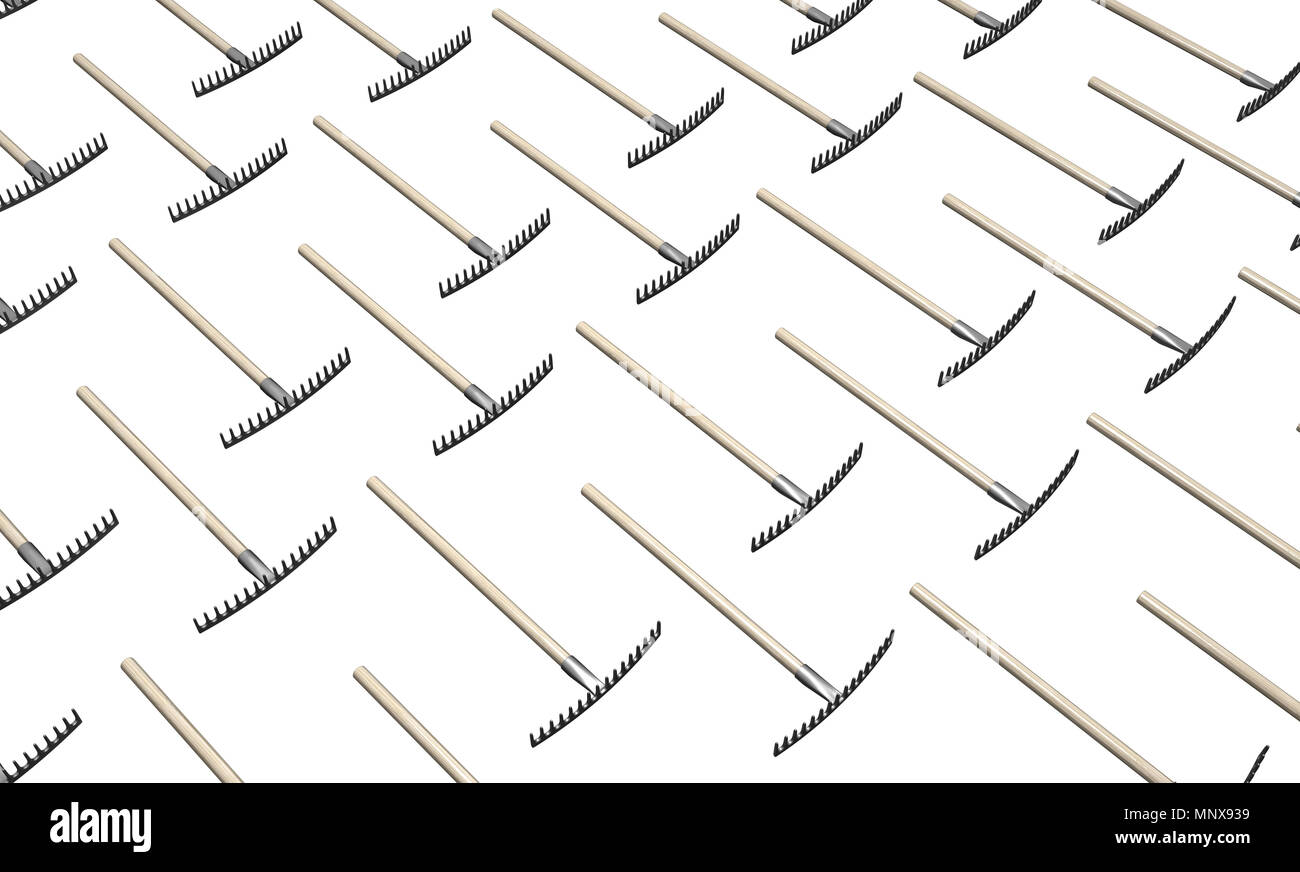 Metal rake garden tools two crossed 3d illustration, isolated ...