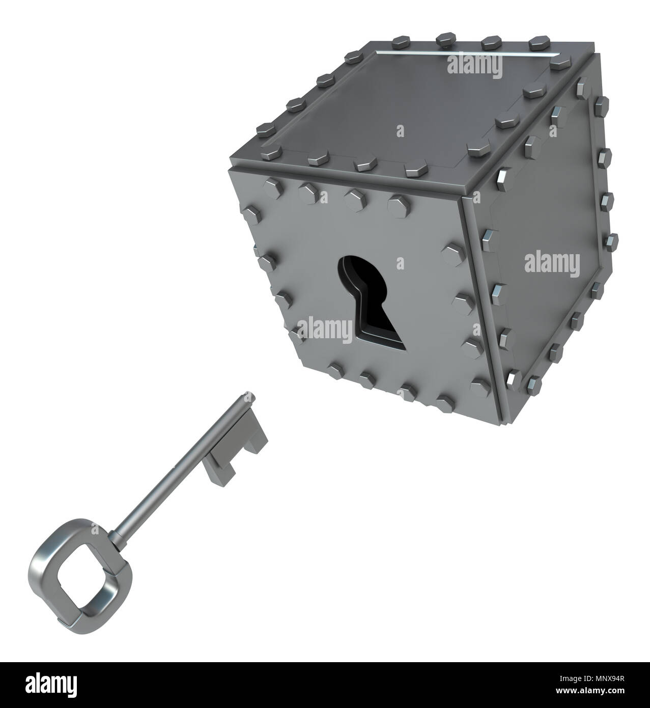 Metal keyhole box with key, 3d illustration, horizontal, isolated, over ...