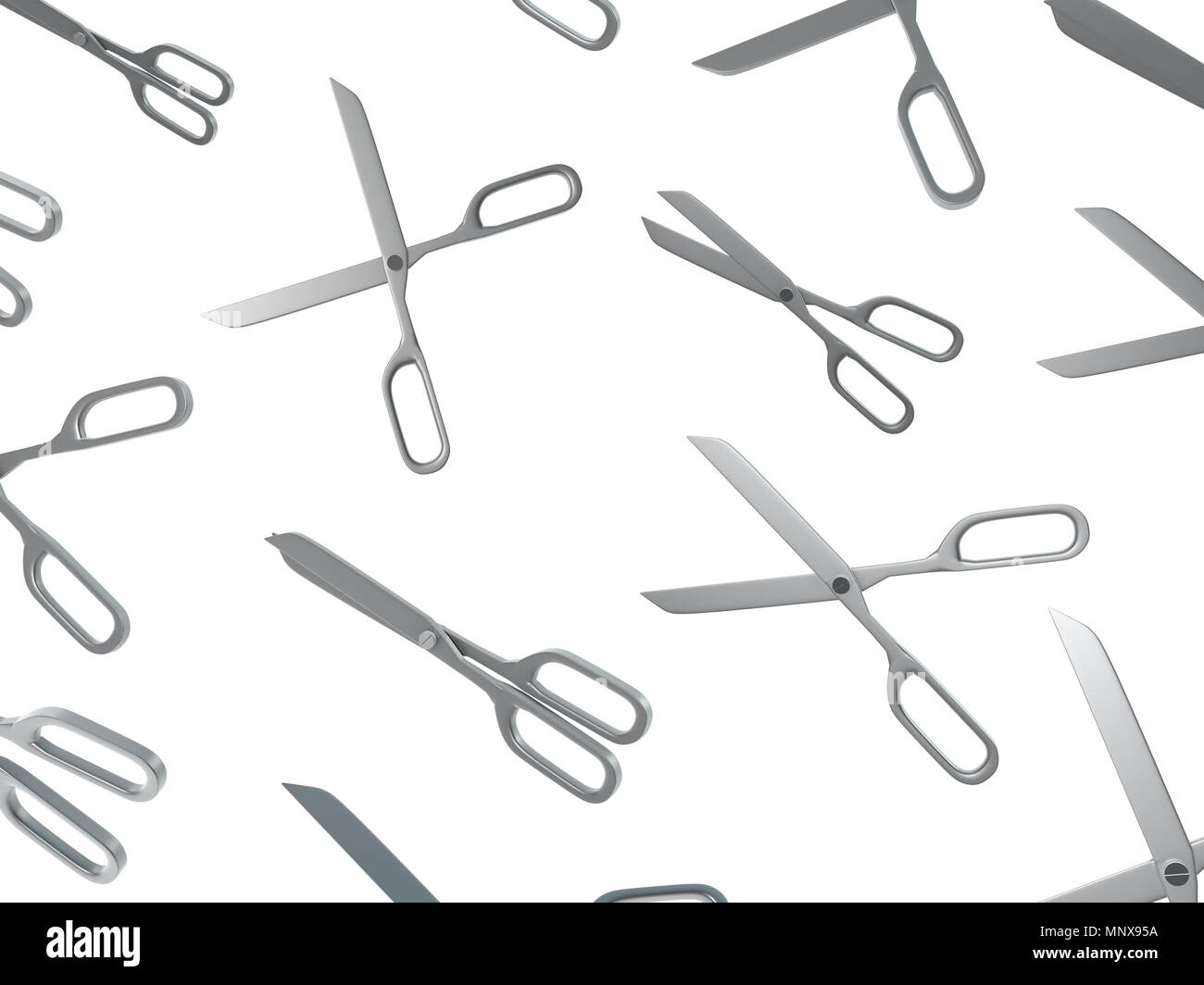 Metal flying scissors isolated, 3d illustration, horizontal, over white ...