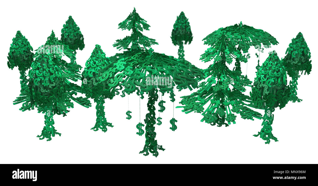 Dollar money symbol trees group cartoon, 3d illustration, horizontal ...