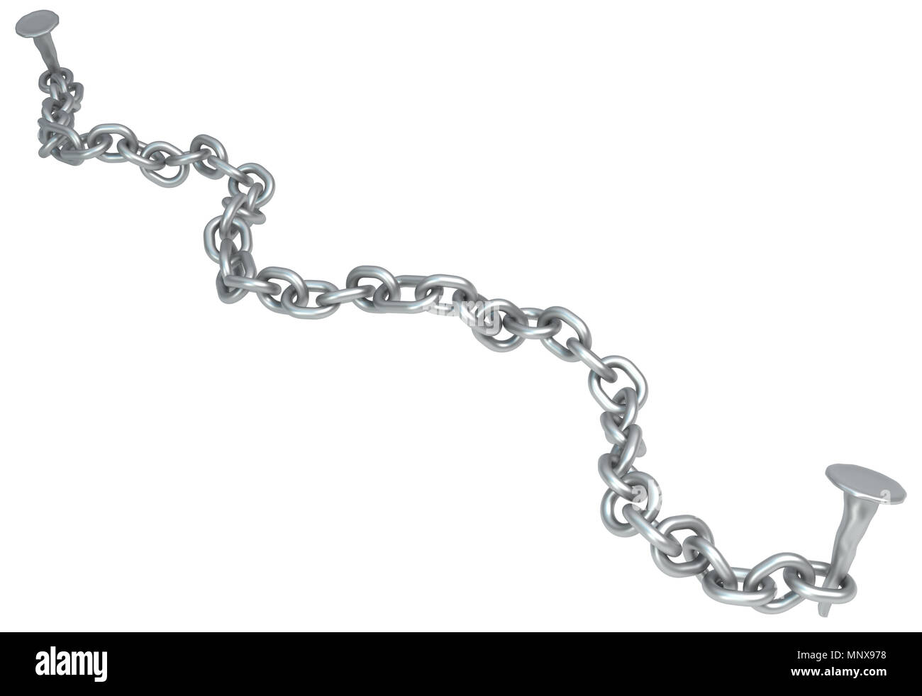 Metal chain long nailed, isolated, 3d illustration, horizontal, over ...