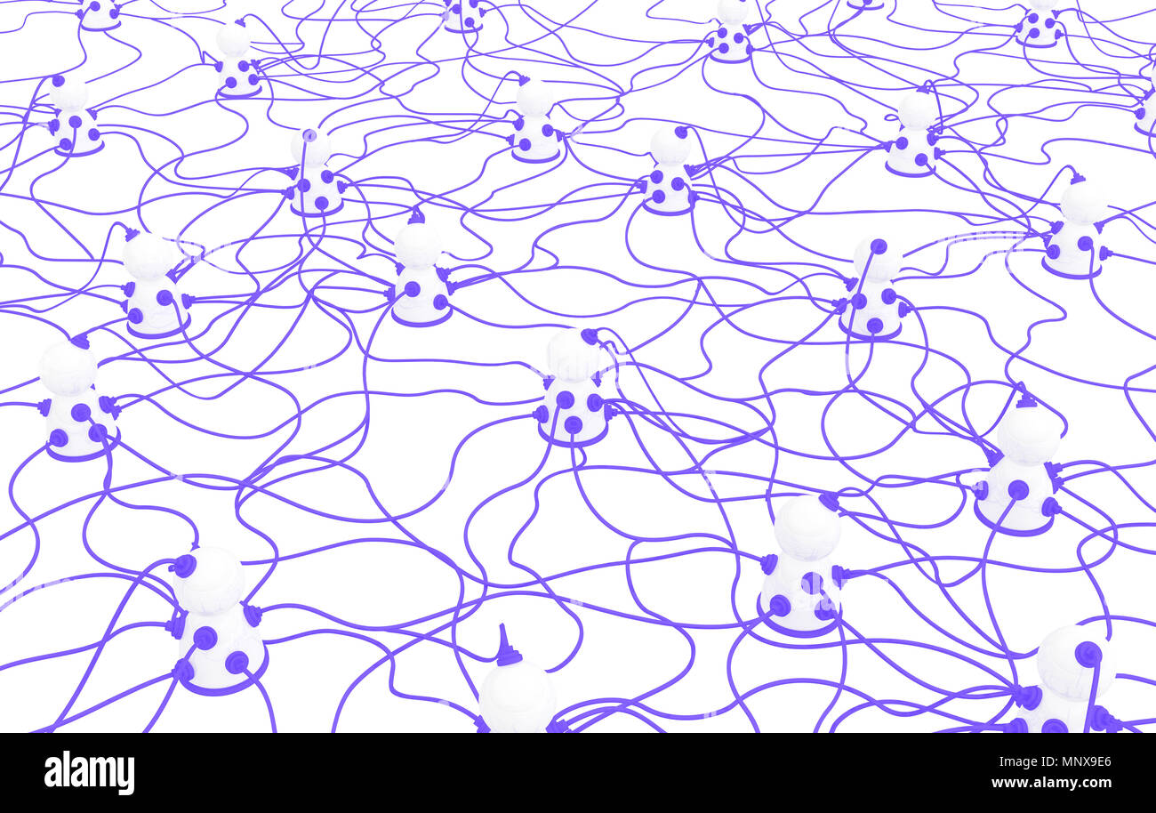 Group of small symbolic 3d figures linked by plugged line tangled cable ...