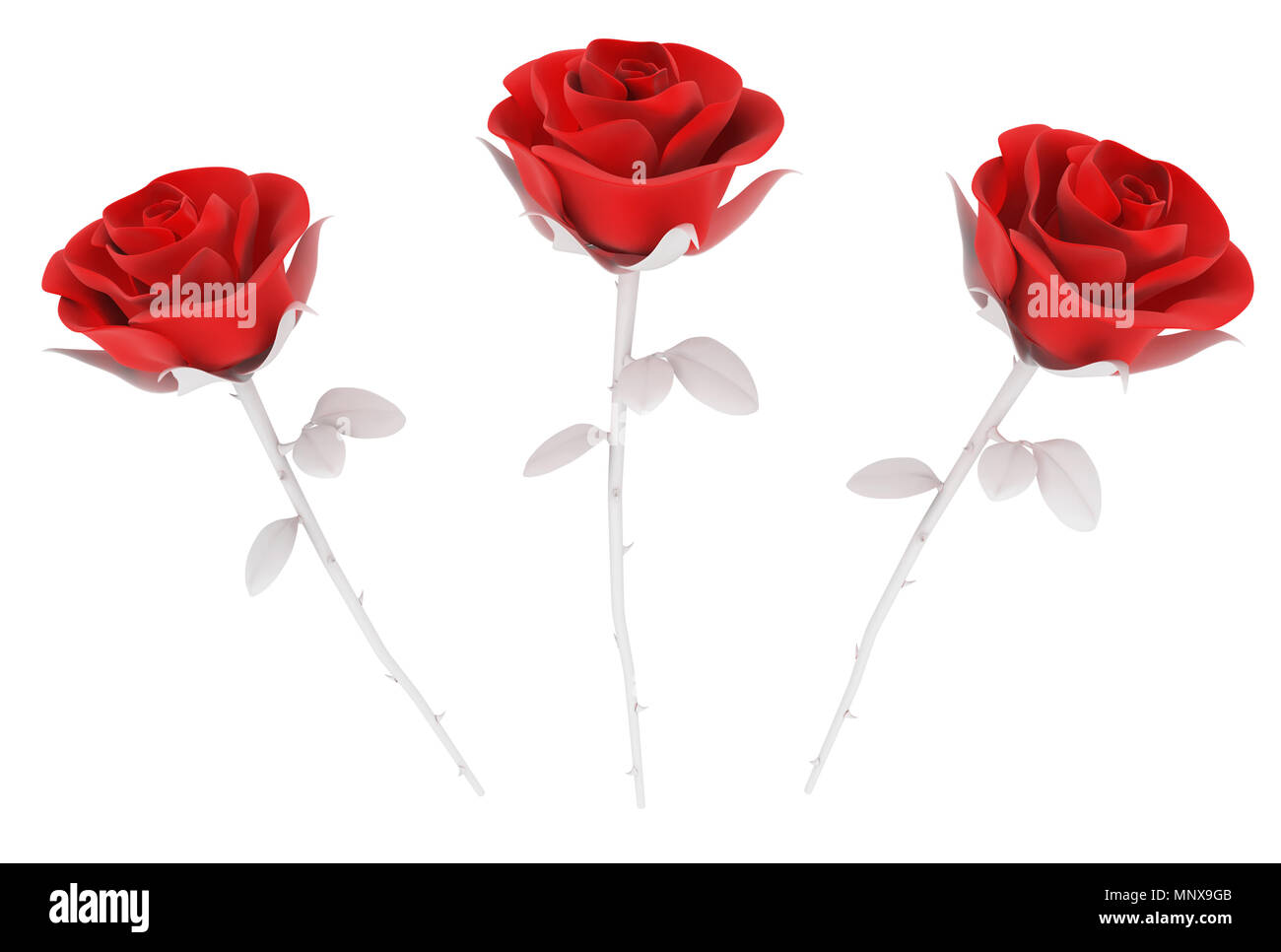 Red top three roses, 3d illustration, isolated, horizontal, over white ...