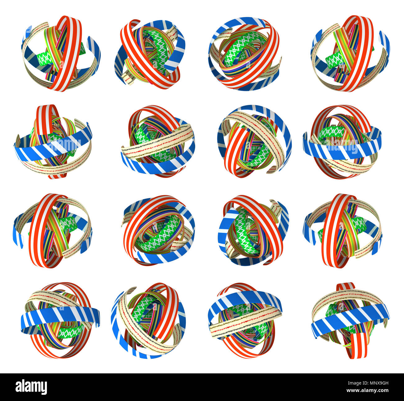 Colorful ribbon balls 3d illustration abstract, horizontal, over white ...